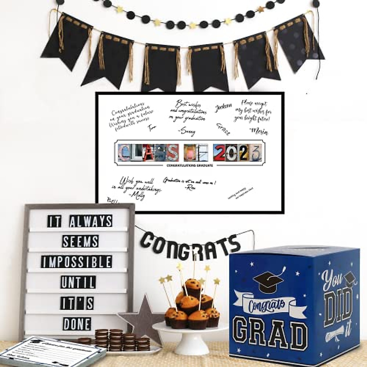 DAZONGE Class of 2023 Graduation Party Decorations Blue - 1 Graduation Card Box with 30 Graduation Advice Cards and 1 Guestbook Signature Board for Graduation Party Supplies - Graduation Gifts