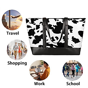 Large Tote for Women's Travel, Beach, Shoulder Bag with Zipper - 15.6'' Laptop Bag - Lightweight Tote Handbag in Cow Pattern