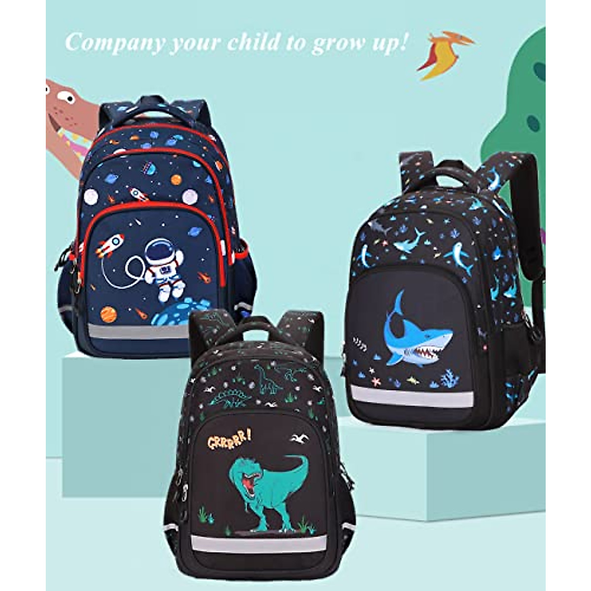 3 Pieces Shark Sea Animal Primary Middle School Boys Large Backpack Water Resistant Bookbag Set with Lunch Kits