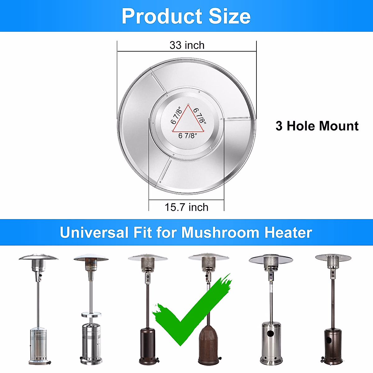 ARLBA Upgraded Outdoor Patio Heater Reflector Shield, Propane Heat Reflector Shield Top for Outdoor Heaters，Outdoor Heater Replacement Dome Part with All Hardware,33" Universal Fit(3-Hole Mount)