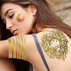 Bilizar 9 Sheets 110+ Designs Flash Gold Temporary Tattoos Metallic For Women Adult, Girl Golden Lion Festival Sun Moon Star Butterfly Glitter Tattoo Sticker, Fake Tattoos That Look Real and Last Long