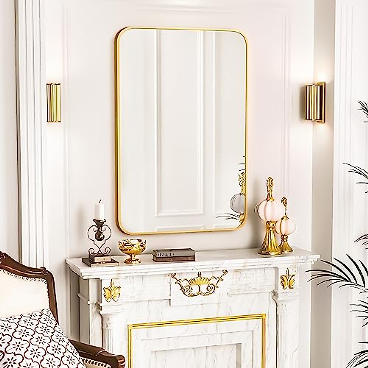 Antok Rounded Bathroom Mirror, 20" x 28" Rectangular Wall Mirror, Aluminum Alloy Frame Contemporary Hanging Mirror for Living Room Bedroom Bathroom Entryway, Gold