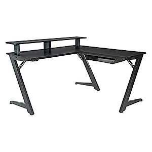 OSP Home Furnishings Avatar Battlestation L-Shape Gaming Desk with Bluetooth RGB LED Lights and Carbon Fiber Surface, Matte Black