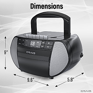 Craig Portable Top-Loading CD Boombox with AM/FM Stereo Radio and Cassette Player/Recorder in Black | Cassette Player/Recorder | LED Display (Black/Gray)