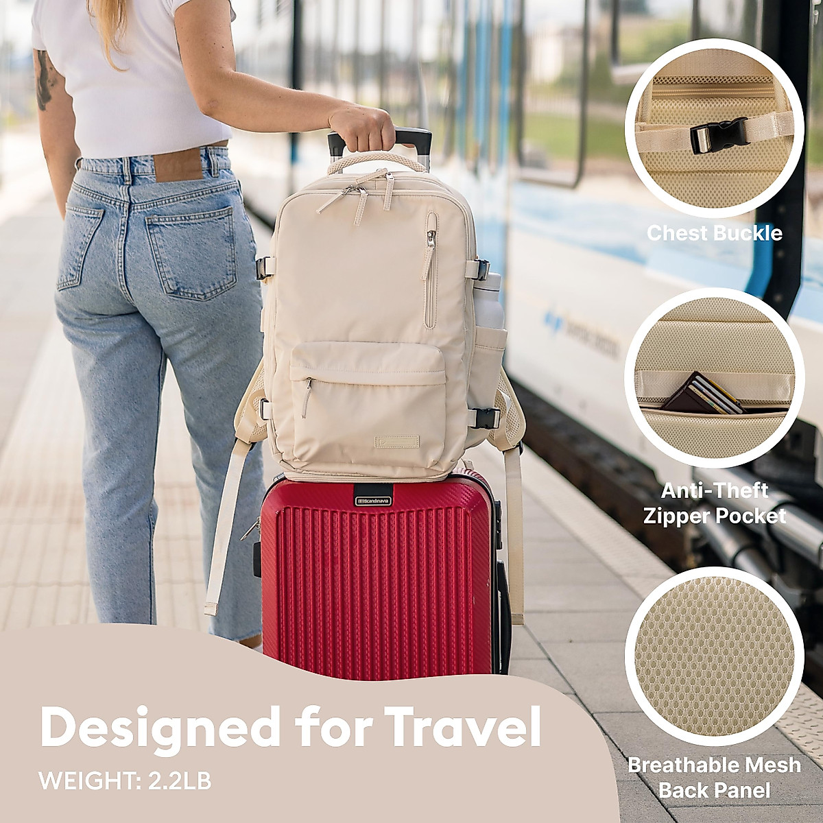 (Not Made In China) Travel Backpack For Men and Women, Airline Approved Carry On Bag w/Shoe Compartment, Holds 15.6" Laptop Computer, USB Charging Port (Amerigo, Beige,1 Pack)