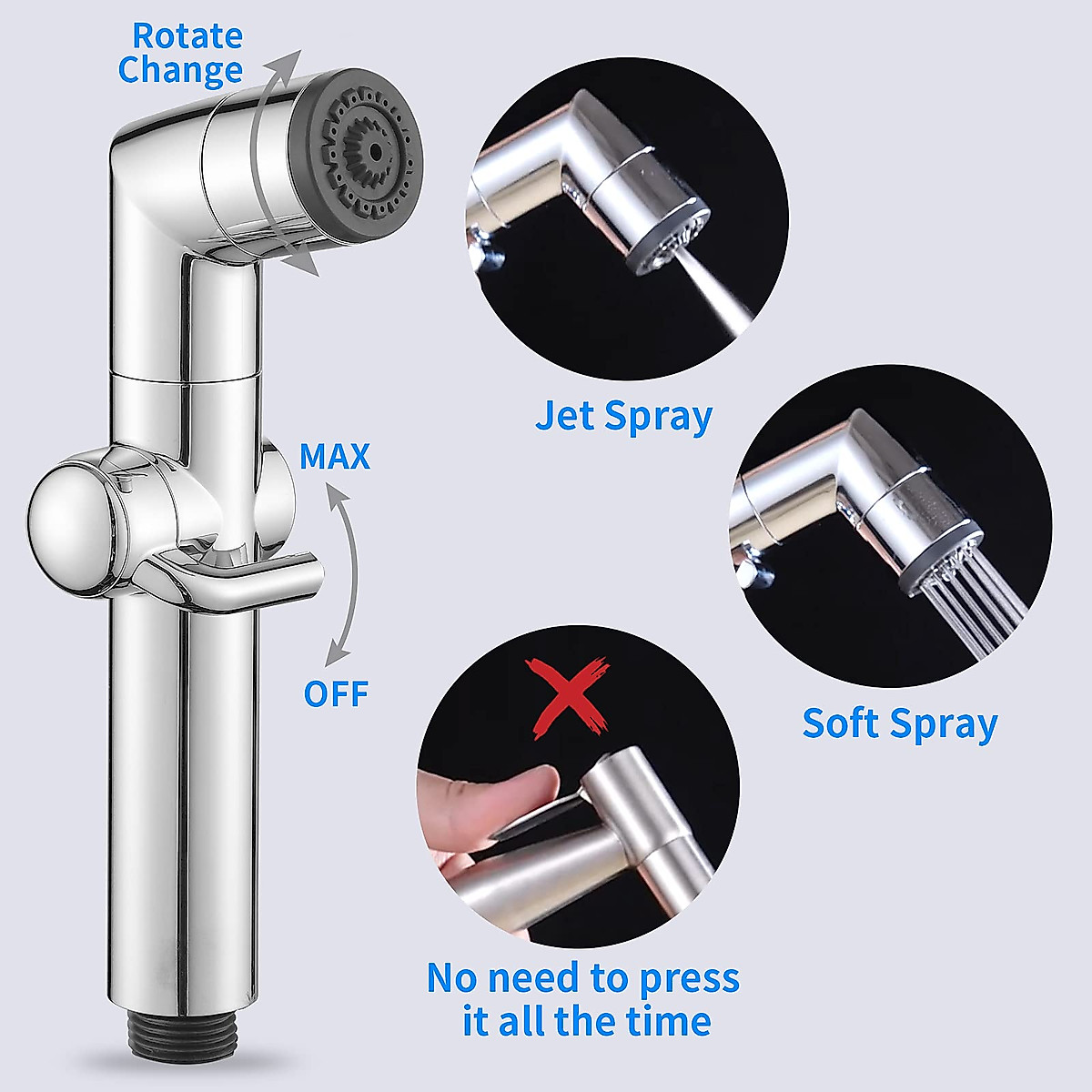 JONKEAN Muslim Shower, Water Pressure Control Toilet Bidet Sprayer, Multi-Function Diaper Sprayer for Toilet, Hand Held Bidet Set Sprayer with Hose, Bracket and T-Valve (Chrome)