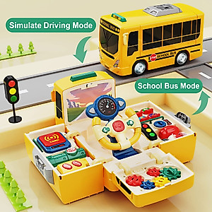 HONGTUO School Bus Toy with Sound and Light, Simulation Steering Wheel Gear Toy, Toddlers School Bus Toys with Music Education Knowledge Simulation Driving Bus Toys, Gift for 1-3-5 Boys & Girls