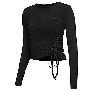 Yoga Tops Long Sleeve for Women Fitted Side Ruched (Black,M)