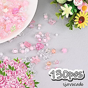 sjavocado 130pcs Acrylic Assorted Beads Flower Heart Butterfly Candy Beads Pastel Loose Beads Round Beads Bulk for Bracelets Jewelry Making DIY Plastic Crafts(Pink)