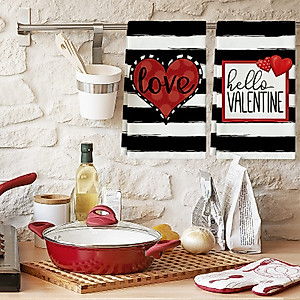 AnyDesign Valentine's Day Kitchen Towel Love Hello Valentine Dish Towel 18 x 28 Inch White Black Stripes Hand Drying Tea Towel for Wedding Anniversary Cooking Baking, Set of 2