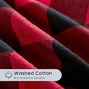 Wake In Cloud - Gingham Cotton Duvet Cover Set, Plaid Buffalo Check Checkered Farmhouse, 100% Washed Cotton Textured Percale Bedding Set, 3 Pieces, Red Black, California King Size