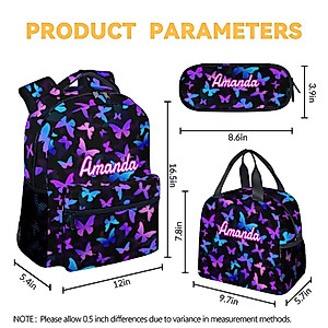 GIHSWE Custom Butterfly Backpack with Lunch Box, Personalized Set of 3 School Backpacks Matching Combo, Cute Lightweight Purple Bookbag and Pencil Case Bundle