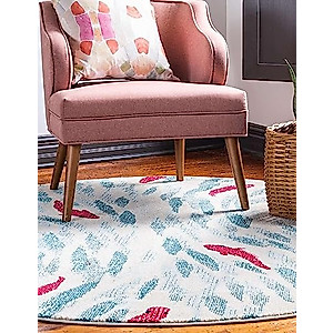 Unique Loom Positano Collection Coastal Modern Bright Colors Fish Beige Round Rug (6' x 6')