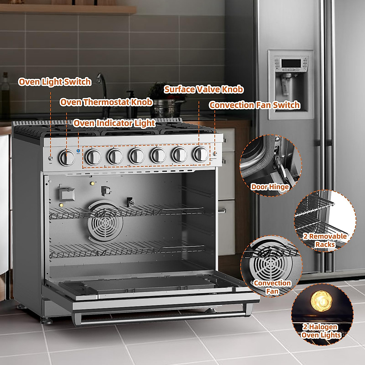 GarveeTech 36” Freestanding Gas Range Stove with 6 Sealed Gas Burner & 6.0 Cu.Ft Electric Convection Oven, Stainless Steel Dual Fuel Range, Slide-In Gas Range Combo for Home and Commercial Use