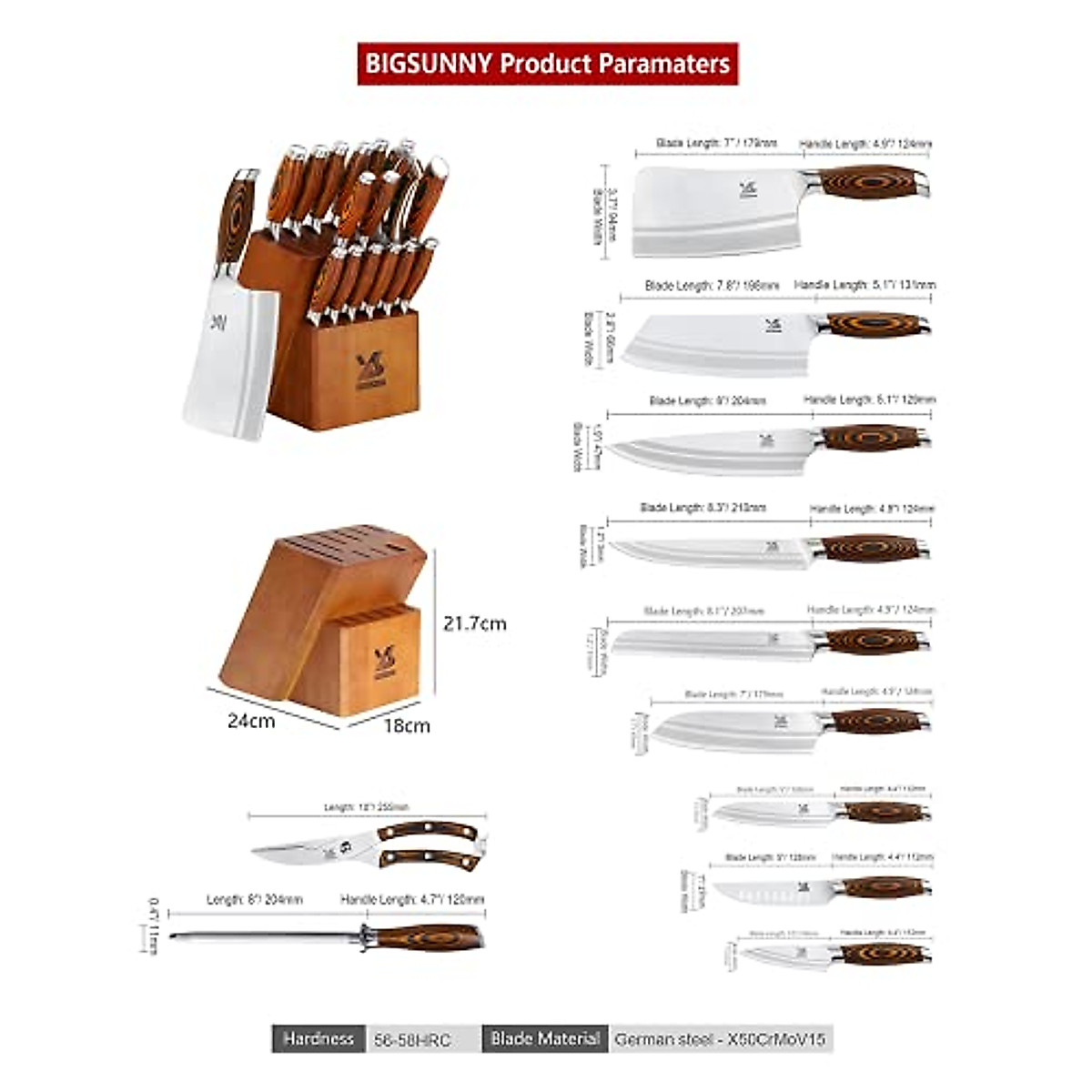 MSY BIGSUNNY Knife Block Set 17-piece Knife Set with Wooden Block - German Steel Perfect Cutlery Set Gift