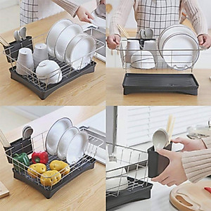 DOUBLE 2 C Dish Drying Rack, Stainless Steel Dish Drainer for Kitchen, Small Dish Drainer Rack for Kitchen Counter, Set of Rustproof Dish Rack and Drainboard (Black)