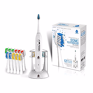 Pursonic S430 SmartSeries Electronic Power Rechargeable Sonic Toothbrush with 40,000 Strokes Per Minute, 12 Brush Heads Included (White)