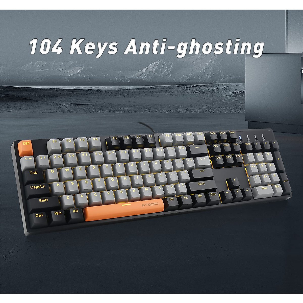E-YOOSO Z-14 Mechanical Gaming Keyboard 104 Key, Red Switch Full-Size Computer Keyboards, Solid Yellow Backlit Mechanical Keyboard for PC Gamer, Black