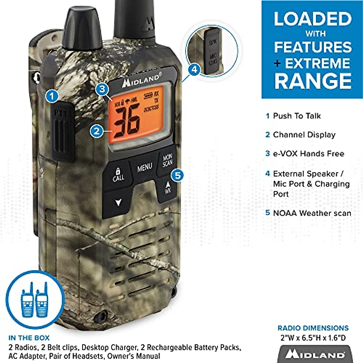 Midland® - T295VP4 X-TALKER Walkie Talkies with 22 GMRS Channels – Two-Way Radio NOAA Weather Alert & Scan Technology, Dual Power Options, 121 Privacy Codes, Silent Operation – Camo, Set of 2