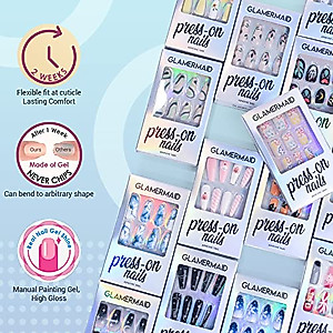 Press on Nails Medium Short Square GLAMERMAID, Black White Fake Nails with Design Checkerboard 24Pcs Acrylic False Nail Kits Stick Glue on Nails Sets for Women Reusable Full Cover Gel Nails