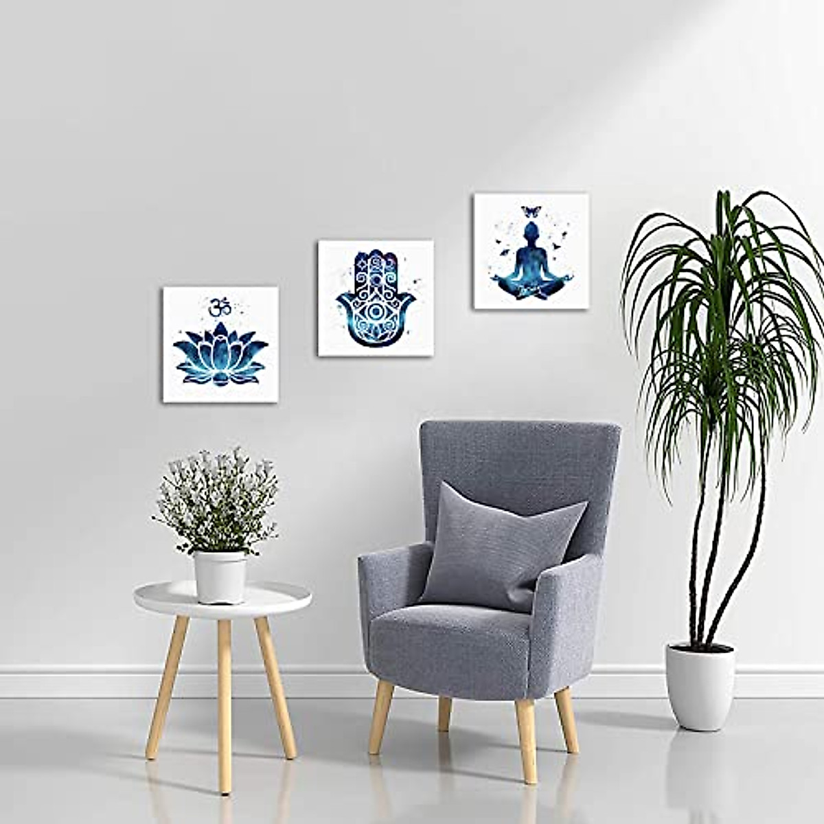 Saypeacher 3 Pieces Abstract Yoga Canvas Wall Art Blue Starry Night Pictures Lotus Flower Painting Pritns for Bedroom Yoga Room Bathroom Decor Sretched and Framed Ready to Hang 12"x12"x3pcs