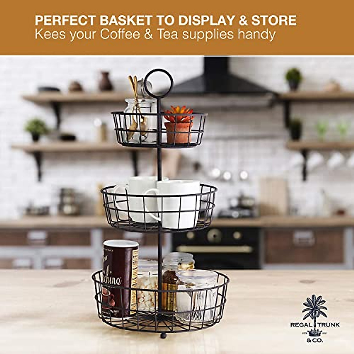 3 Tier Fruit Basket Regal trunk & Co, Elegant French Country Wire Baskets, Three Tiered Wire Basket Stand for Vegetables, Bread & More for Countertop or Hanging, Christmas or Birthday Present