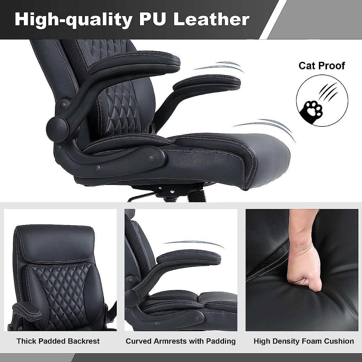 Executive Office Chair, Ergonomic Home Office Desk Chairs, PU Leather Computer Chair with Lumbar Support, Flip-up Armrests and Adjustable Height, Youchauchair High Back Work Chair, Black