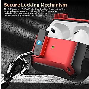 Olytop for Airpods Pro/Pro 2 Gen Case Cover (2023/2022/2019), Secure Lock Clip Shockproof AirPod Pro 2nd/1st Generation Hard Protective Skin Case with Cleaner Kit & Replacement Ear Tips, Black/Red