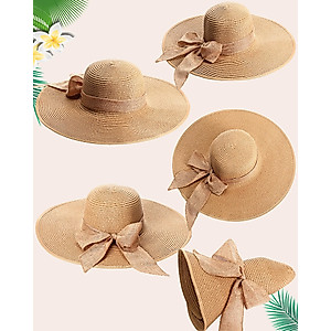 Loetere 5 Pcs Women Large Straw Beach Bag 5.5 Inch Big Bowknot Straw Beach Hat with Rattan Earrings Set Summer Handwoven Straw Tote Bag Wide Brim Floppy Sun Hat Foldable for Summer Vacation Travel