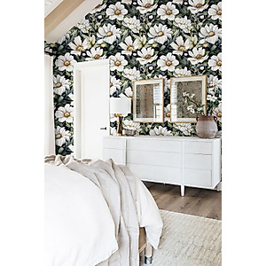 HAOKHOME Floral Wallpaper Peel and Stick Vintage Removable Wall Paper Black/Green/White Stick on Wall Mural Contact Paper 17.7in x 9.8ft