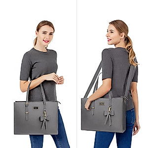 MOSISO Laptop Bag for Women Compatible with MacBook Air 15 inch M2 A2941/Pro 16 inch M3 M2 M1, 15-15.6 inch Notebook, PU Leather Travel Work Tote bag with Detachable Bowknot & Small Purse, Gray