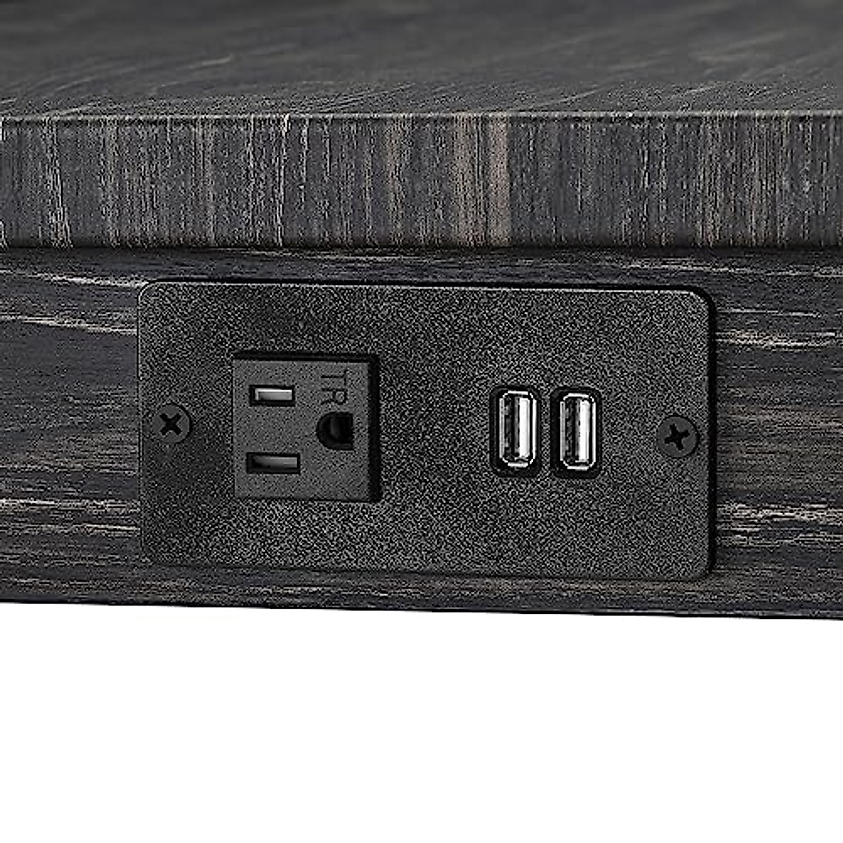 Merax 4 Piece Bar Table Set with Power Outlet,Dining Bar Table and Chairs Set,Industrial Breakfast Table with 3 Padded Stools,for Living Room, Dining Room, Game Room(Black+ Gray)