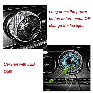 Bling Car Fan USB Fan with LED Light, Air Vent Mounted USB Fan with Bling Rhinestones Crystal for Car Air Vent Mounted, 360° Rotatable Car Auto Powerful Cooling Air Fan for Sedan SUV Auto Vehicles.