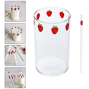 Alipis Glass Water Cup Strawberry Pattern Drinking Cup, Glass Milk Bottle with Straw, Clear Glass Tea Cup Juice Mug for Beverage Beer