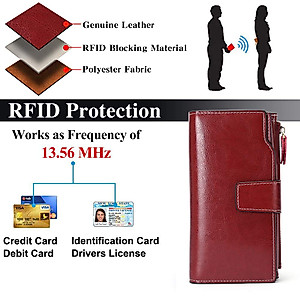 SENDEFN Long Women Leather Wallet Clutch RFID Blocking Clutch Card Holder Ladies Purse Zipper Pocket with Gift Box (Red)