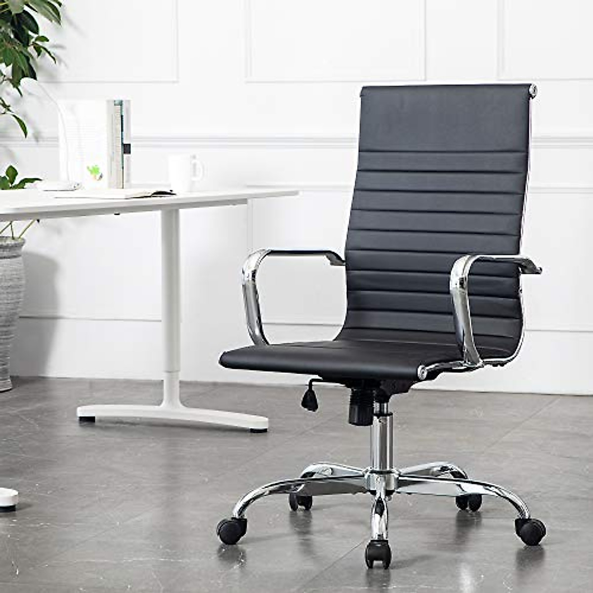 LANDSUN Modern High Back Office Chair PU Leather Ribbed Swivel Tilt Adjustable Home Desk Chair with Armrest Executive Conference Black