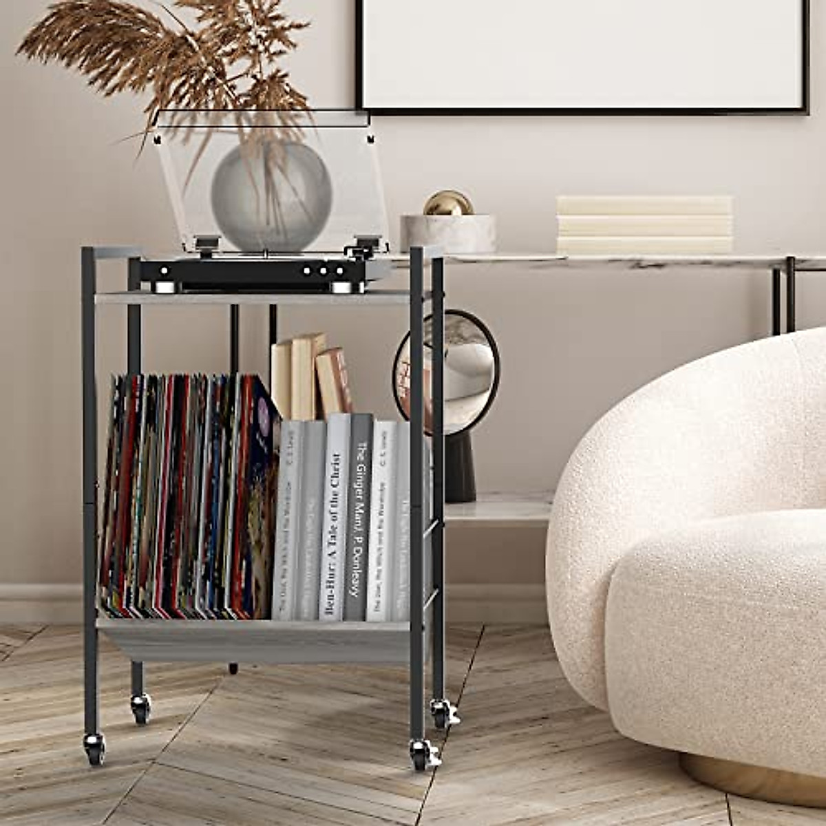 YBING Record Player Stand with Record Storage Vinyl Record Storage Table 2-Tier Turntable Stand Record Display Table with Wheels, Gray