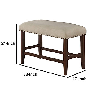Benjara Rubber Wood High Bench with Cream Upholstery, Brown