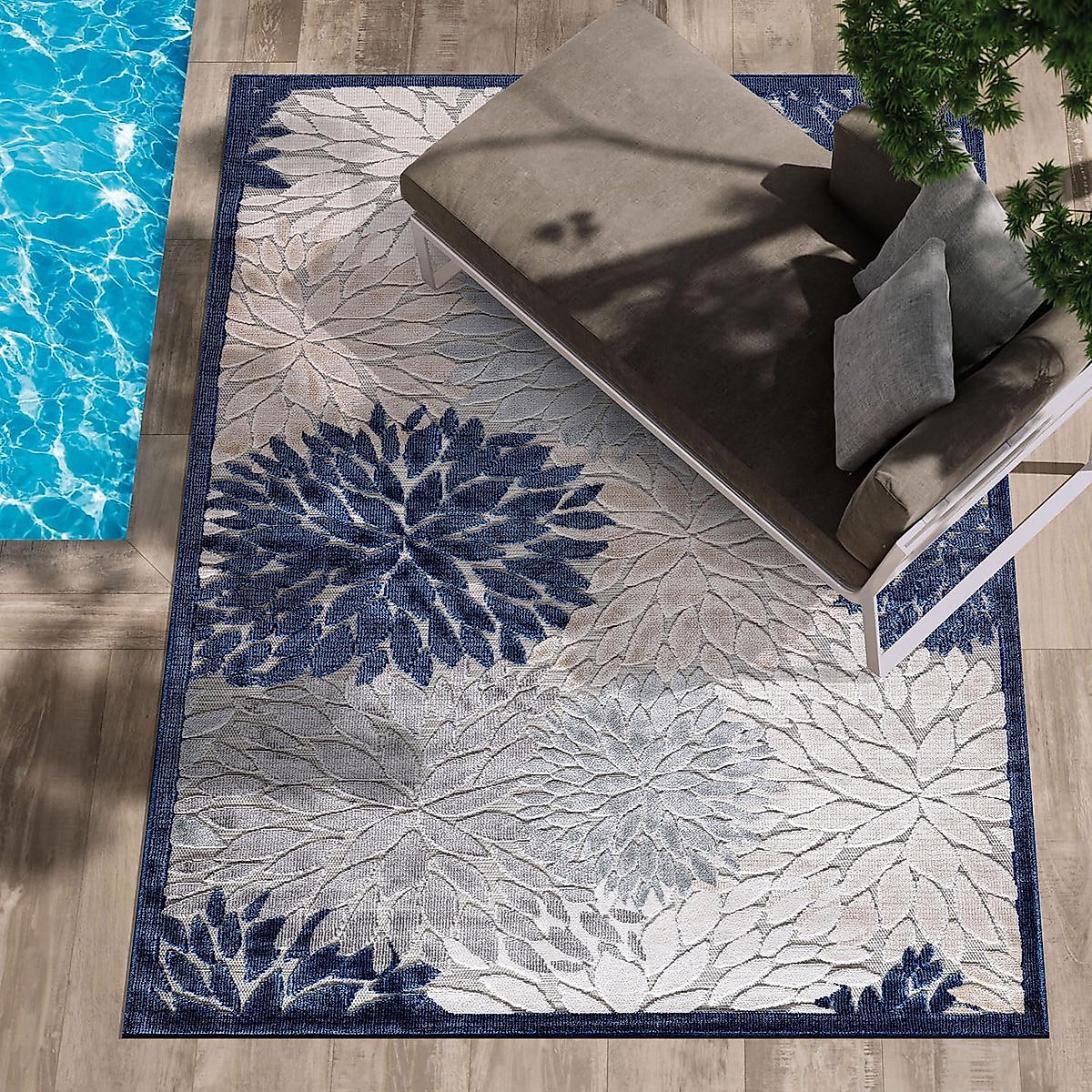 CAMILSON Indoor/Outdoor Rug Blue 5x7 Floral Exotic Tropical Area Rugs for Indoor and Outdoor patios, Easy-Cleaning Non-Shedding Living Room, Garden and Kitchen Washable Outside Carpet (5X 7)