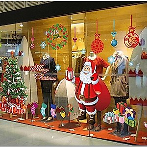LONGTEN Christmas Windows Static Stickers Clings Santa Claus Snowman Deer Snowflake Removable Vinyl Christmas Tree DIY Window Door Mural Decal Sticker for Showcase A