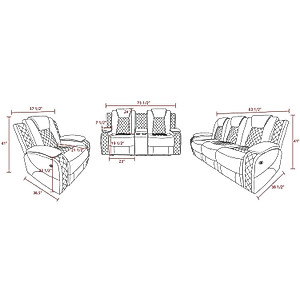 AYCP Multifunction Power Air Leather Recliner Sofa Set with LED Lights, Living Room Furniture, Reclining Sofa, loveseat, Chair with USB Port/Storage Console/Cup Holders (Black, 3 Pieces)