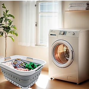 SAMMART 42L (11 gallon) Collapsible Plastic Laundry Basket - Foldable Pop Up Storage Container/Organizer - Portable Washing Tub - Space Saving Hamper/Basket (1, White/Grey)