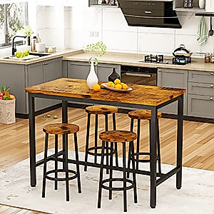 AWQM Bar Table Set, Kitchen Pub Table with 4 Stools, 5 Pieces Dining Table Set, Breakfast Table of 43.4 x 23.6 x 35.7 Inches, Stool of 11.8 x 11.8 x 23.8 Inches Each, Rustic Brown and Black