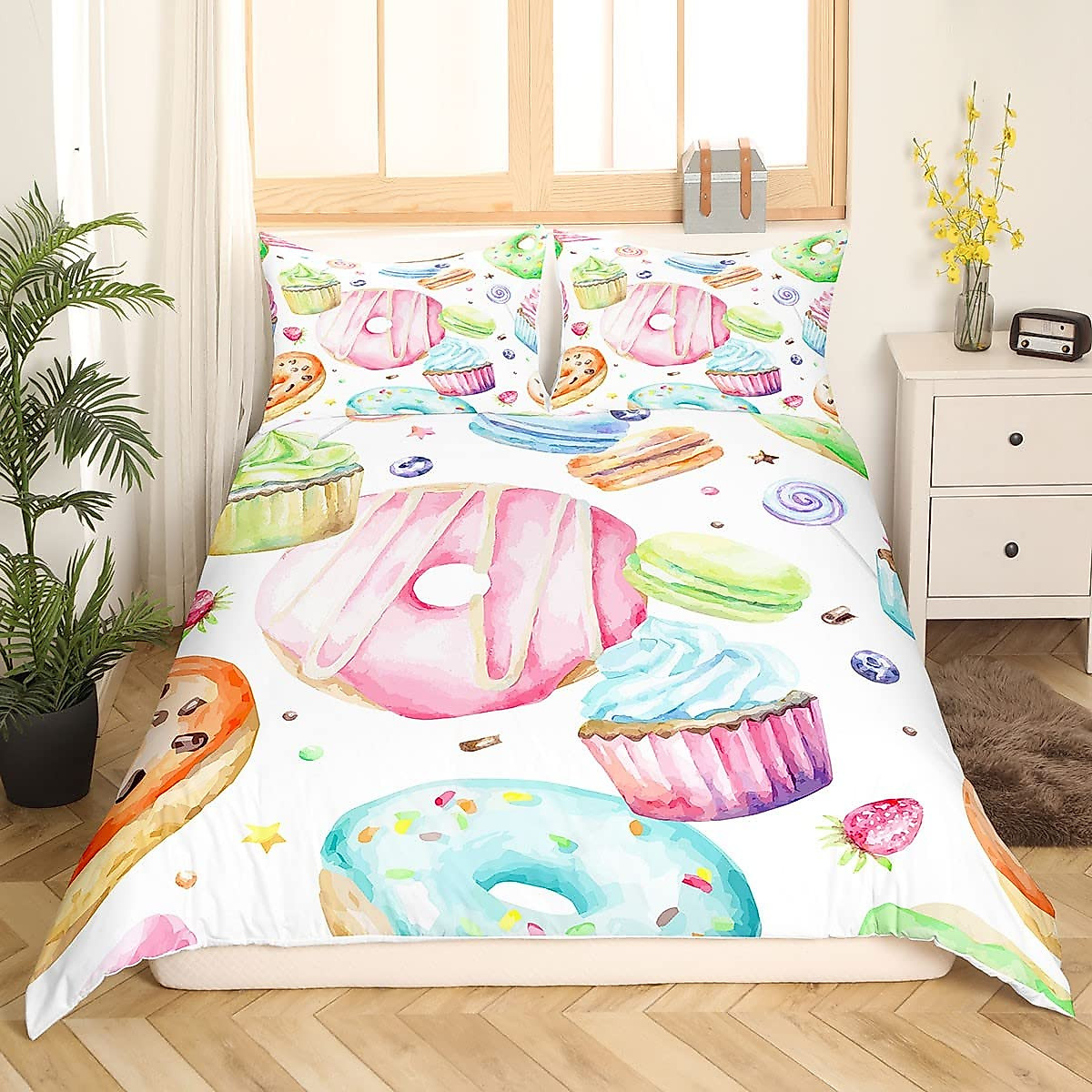Homewish Food Duvet Cover Set Twin Size,Donut Ice Cream Candy Bedding Set 2pcs for Kids Teens Boys Girls Room Decor, Dessert Theme Comforter Cover Watercolor Quilt Cover with 1 Pillowcase