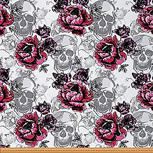 Sugar Skull Fabric by The Yard, Rose Floral Upholstery Fabric, Halloween Flower Decorative Fabric, Retro Gothic Skeleton Indoor Outdoor Fabric, Bones DIY Art Waterproof Fabric, Red Grey, 5 Yards