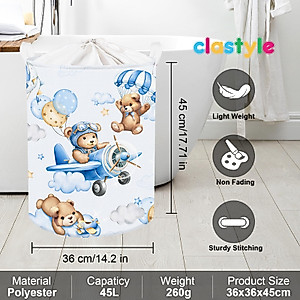Clastyle 45L Large Blue Bear Pilot Kid Boy Girl Laundry Hamper with Handle Collapsible Balloon Clothes Toy Storage Basket with Lid for Nursery