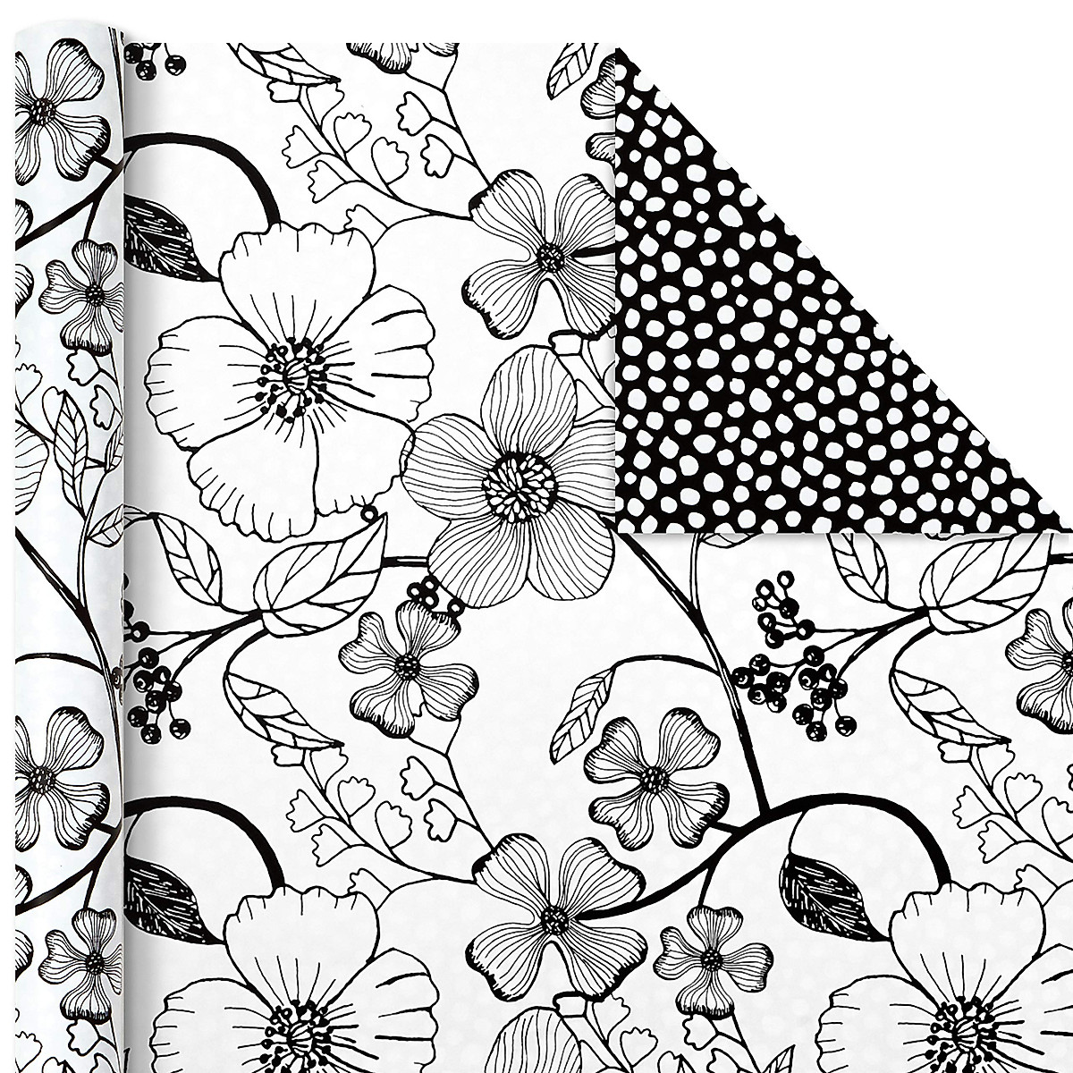 Hallmark All Occasion Reversible Wrapping Paper Bundle - Black and White Flowers and Dots (3-Pack: 75 sq. ft. ttl.) for Birthdays, Weddings, Graduations, Valentine's Day, Anniversaries, Christmas