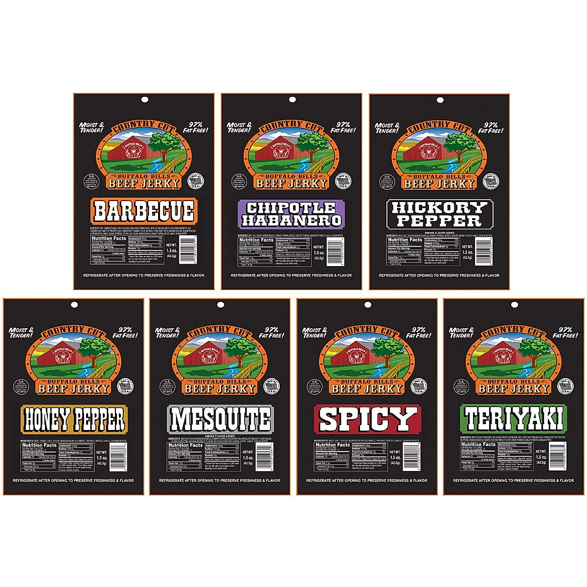 Buffalo Bills 7-Piece Country Cut Beef Jerky Sampler Black Velour Wine Gift Bag (seven 1.5oz packs)