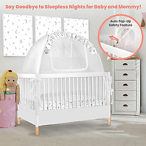 Pro Baby Safety Premium Pop Up Crib Tent, Crib Cover to Keep Baby from Climbing Out, Falls and Mosquito Bites, Safety Net, Canopy Netting Cover - Sturdy & Stylish Infant Crib Topper, Mosquito Net