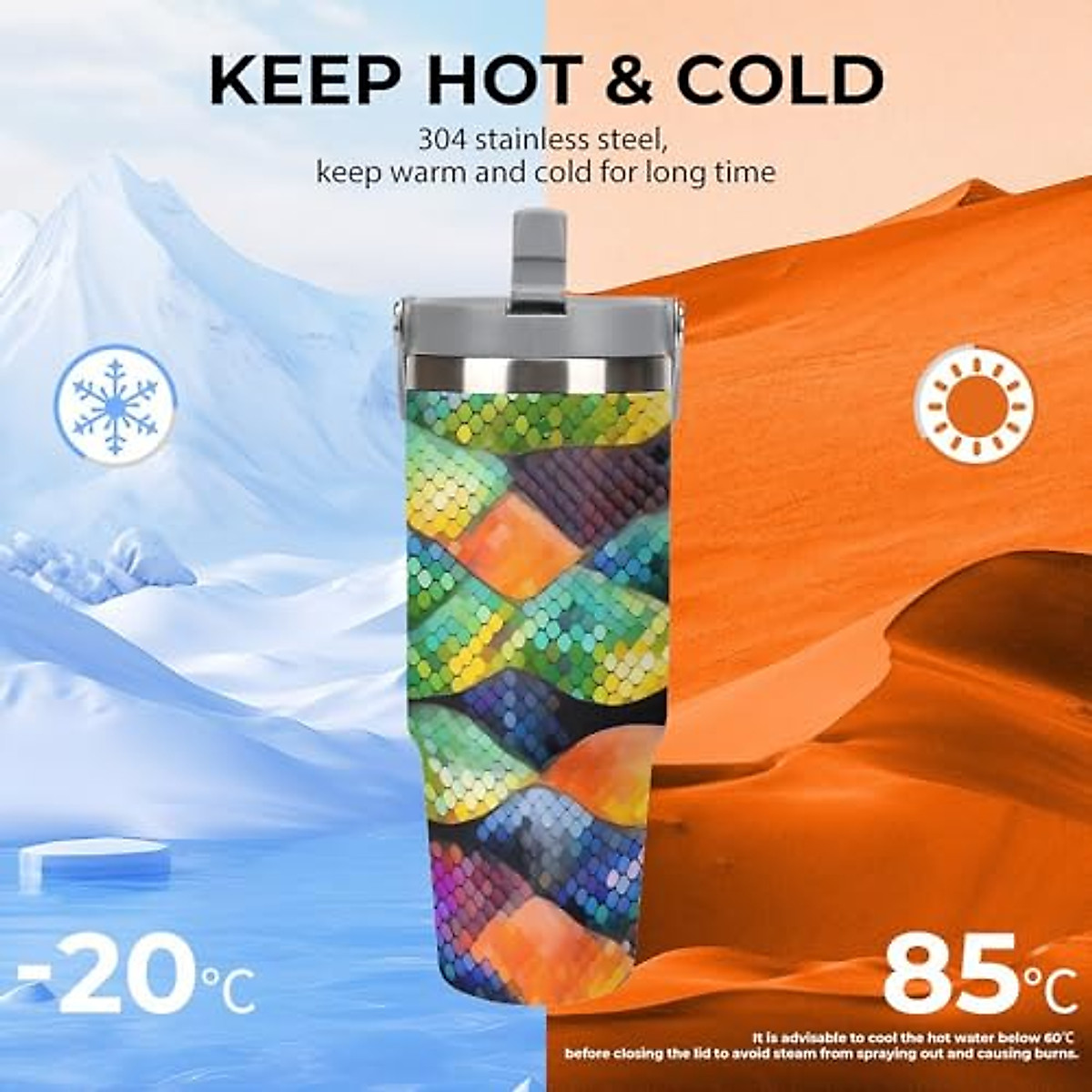 BWQJKUO Large Capacity Car Cup 30 Oz Stainless Steel Rainbow Fish Scale Printed Travel Mug Leak-proof Flip Straw Tumbler with Handle,keeps Cold Or Ho